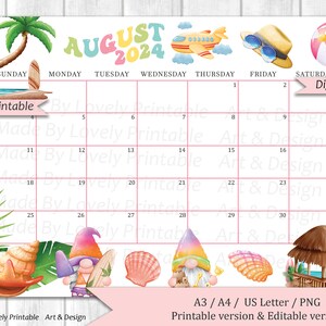 EDITABLE August Calendar, Hello Summer With Cute Gnome, Colorful Summer ...