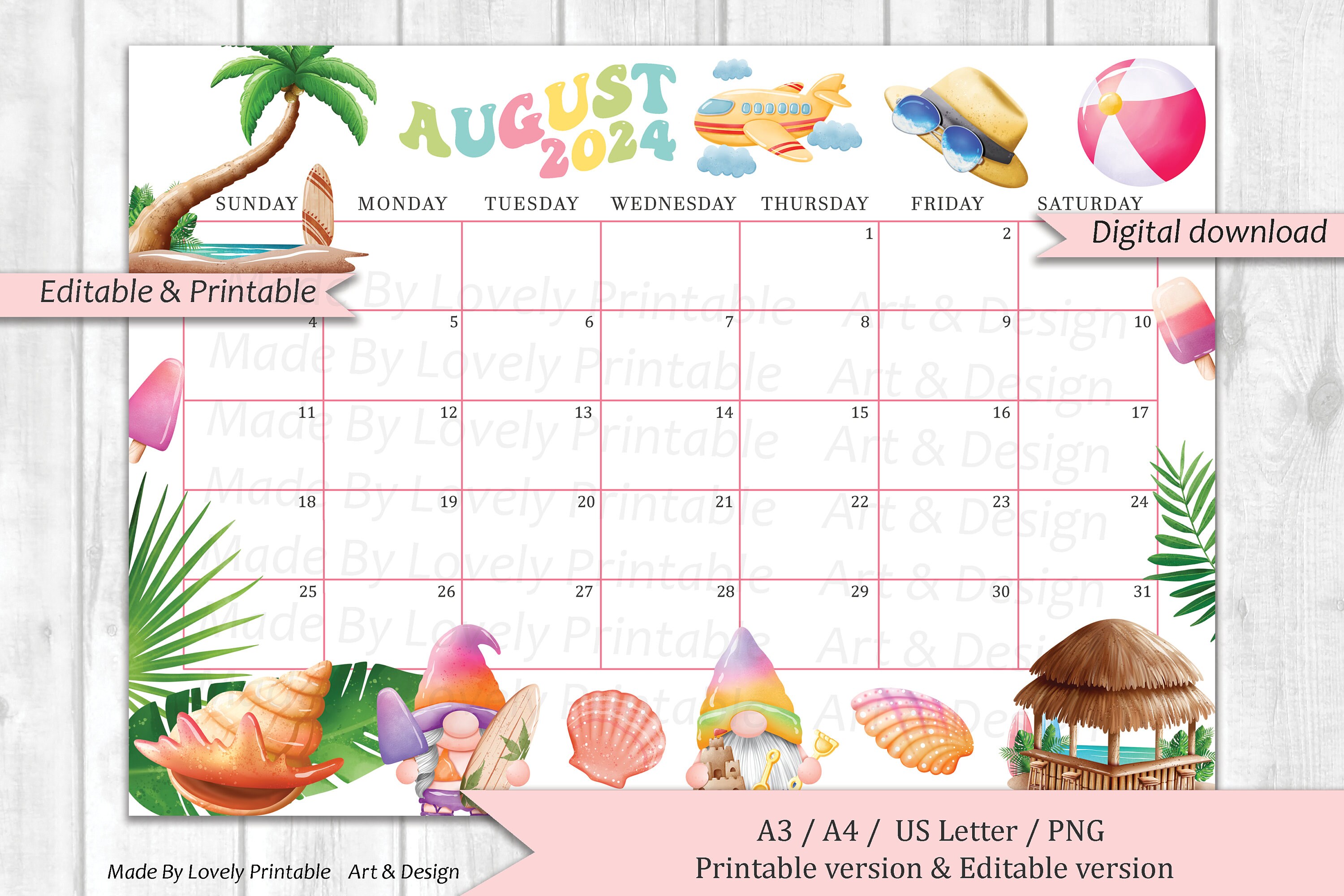 EDITABLE August Calendar, Hello Summer With Cute Gnome, Colorful Summer ...