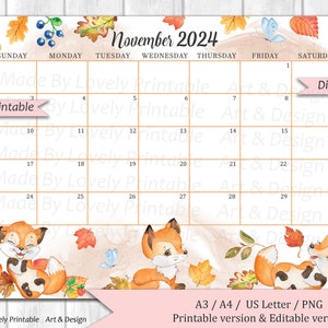 EDITABLE November 2024 Calendar, Watercolor Thanksgiving Day, Autumn ...