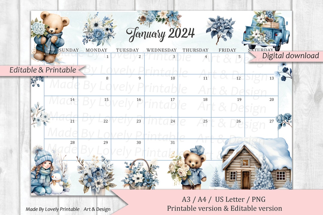 Editable January 2024 Calendar, Cute Bear & Beautiful Winter, Happy New ...