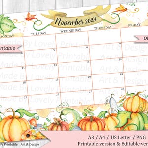 EDITABLE November 2024 Calendar, Happy Thanksgiving Pumpkins Watercolor ...