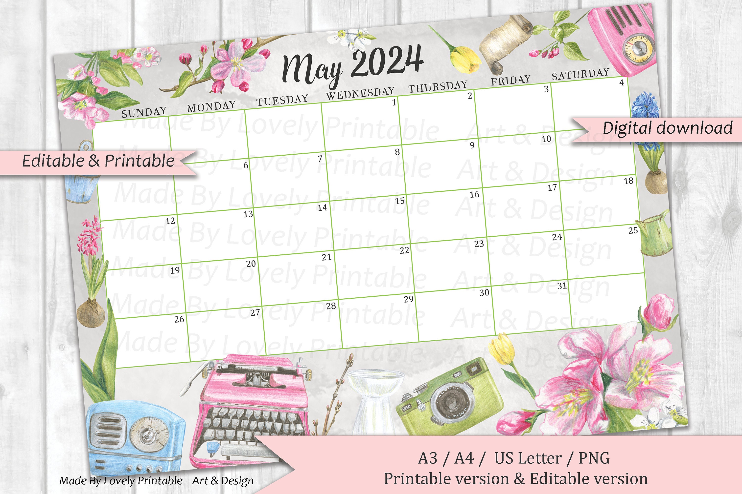 EDITABLE May 2024 Calendar, Watercolor Vintage Spring, Garden Scenery ...
