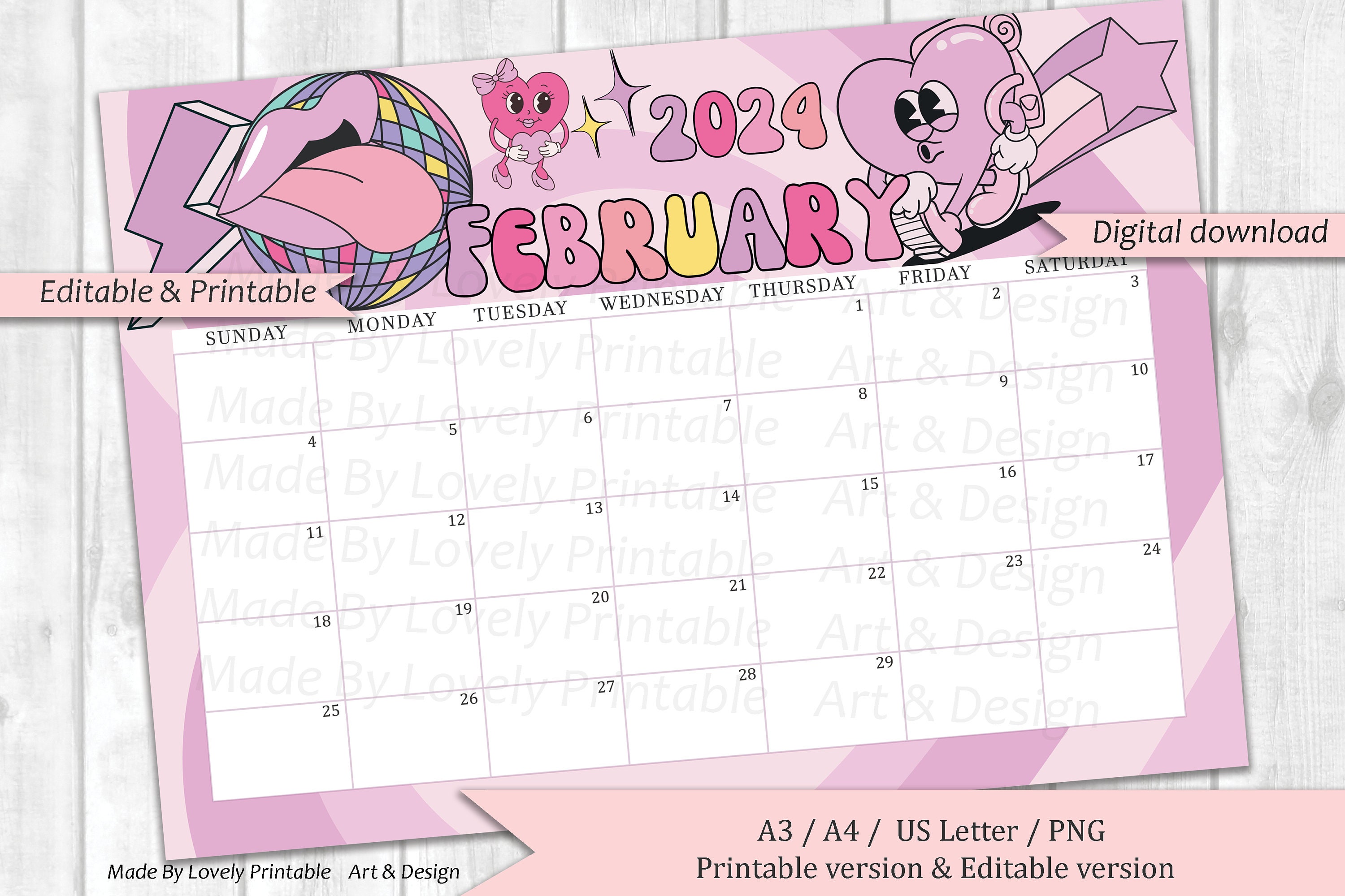 Editable February 2024 Calendar, Retro Aesthetic 70s Daisy, Valentine's ...
