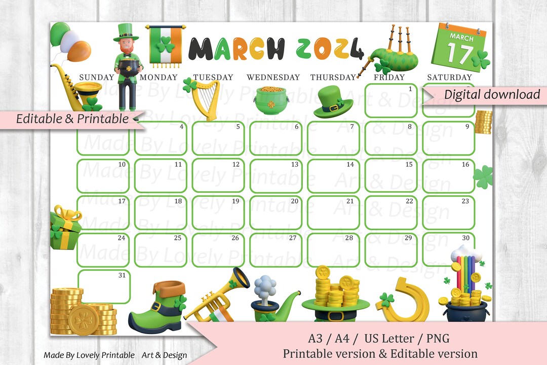 EDITABLE March 2023 Calendar, Happy St.patrick's Day Planner, Printable ...