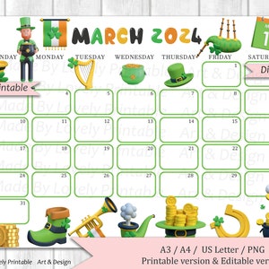 EDITABLE March 2023 Calendar, Happy St.patrick's Day Planner, Printable ...