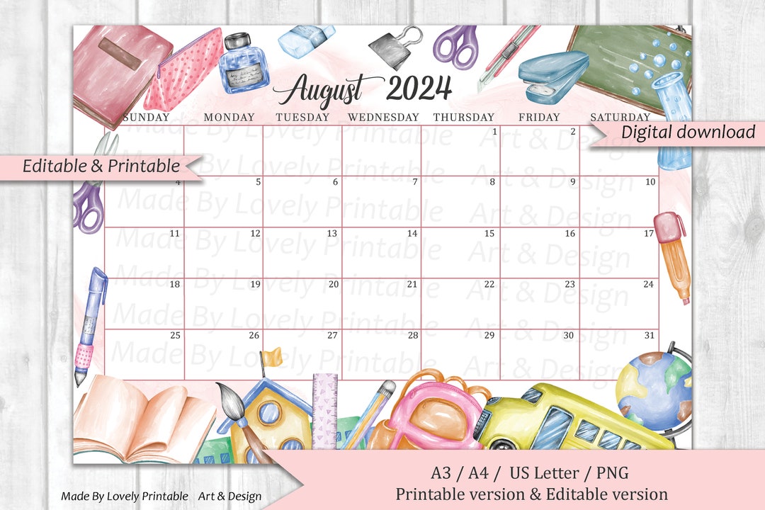 EDITABLE August 2024 Calendar, Back to School Planner, Calendar for ...