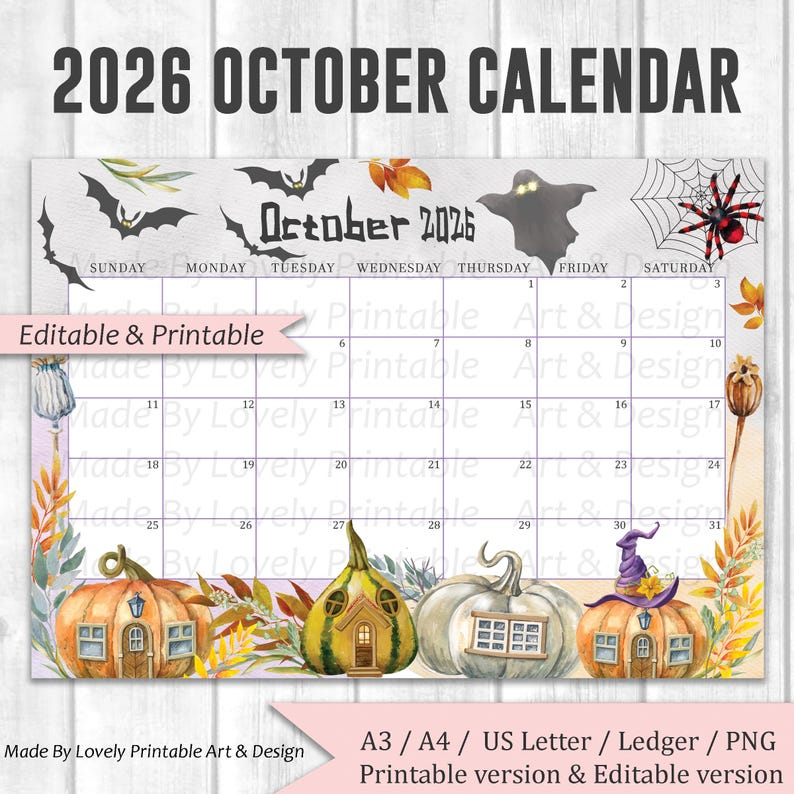 EDITABLE October 2026 Calendar, Happy Spooky Halloween Planner ...