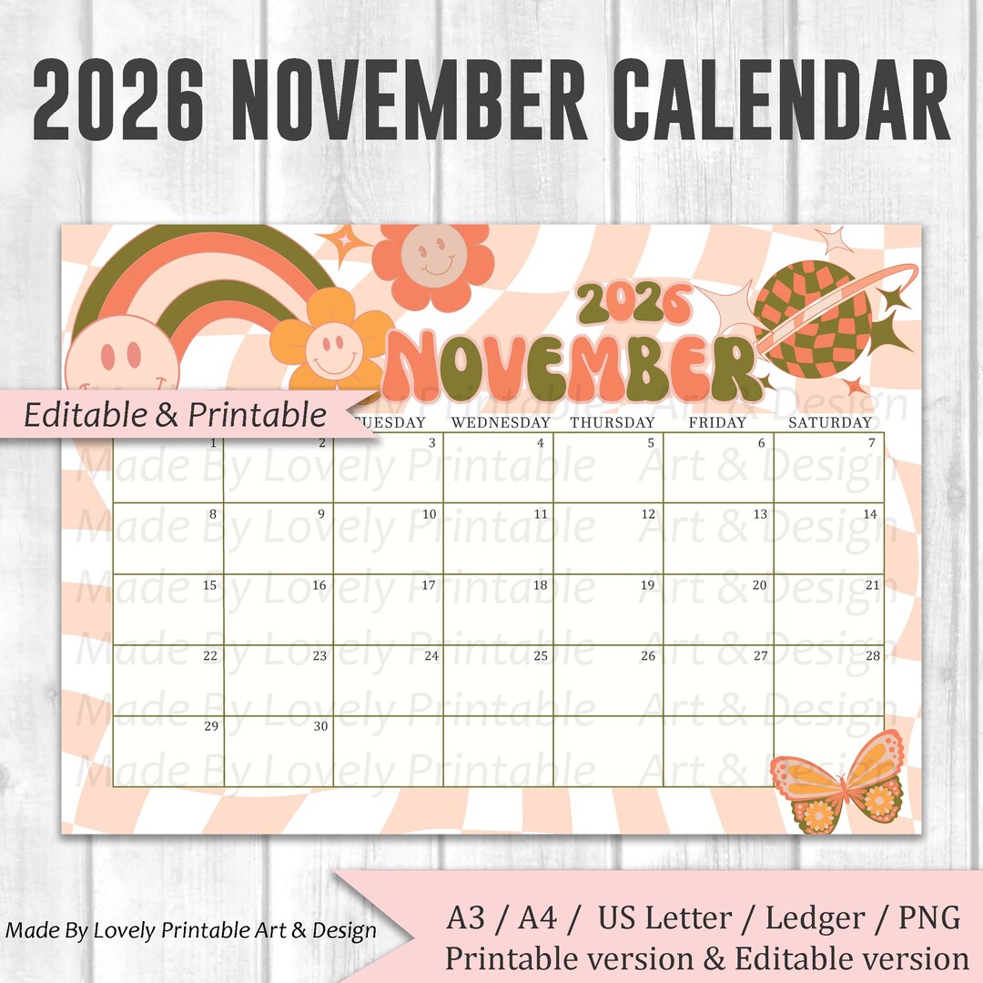 EDITABLE November 2026 Calendar, Retro Aesthetic 70s Daisy, Retro ...
