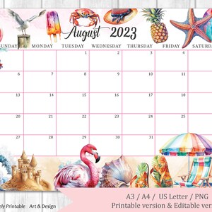 EDITABLE August Calendar Summer at the Beach Cute Sun and - Etsy