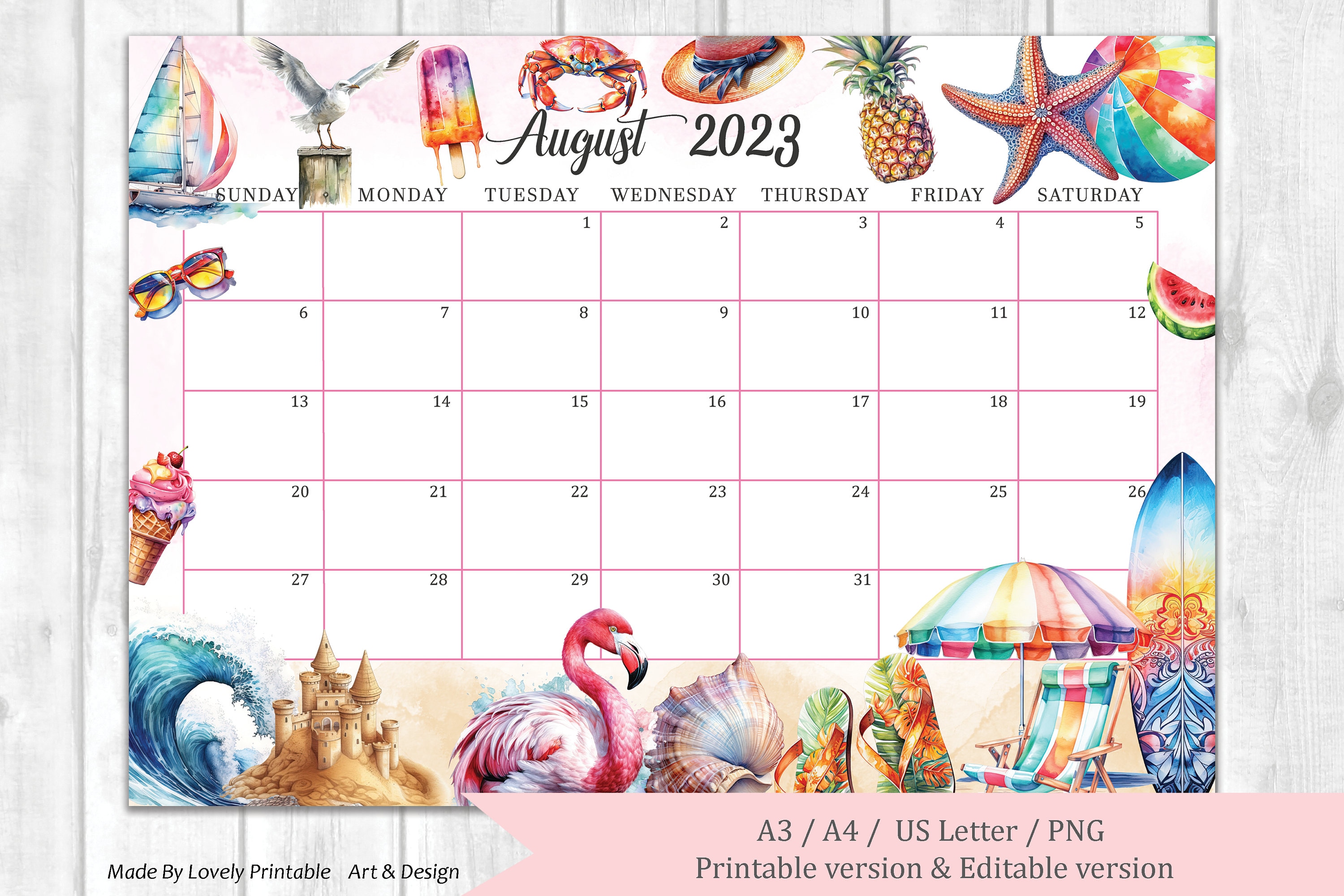 EDITABLE August Calendar Summer at the Beach Cute Sun and - Etsy