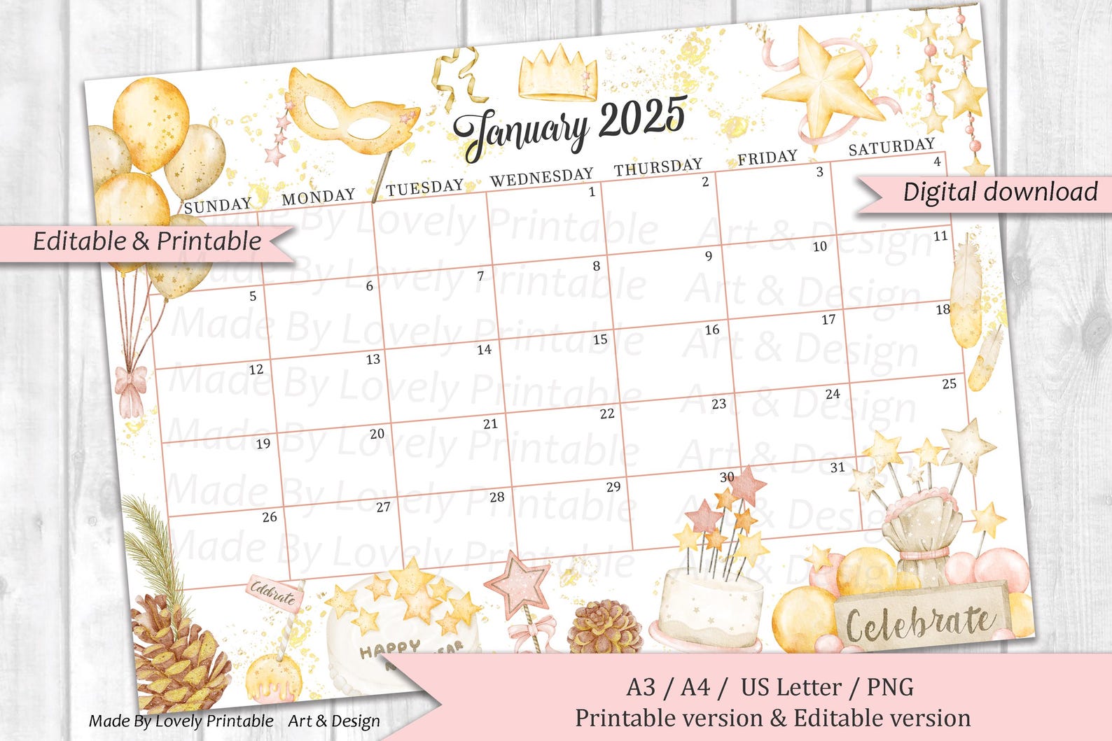 EDITABLE January 2025 Calendar, New Year Celebration, Kids School ...