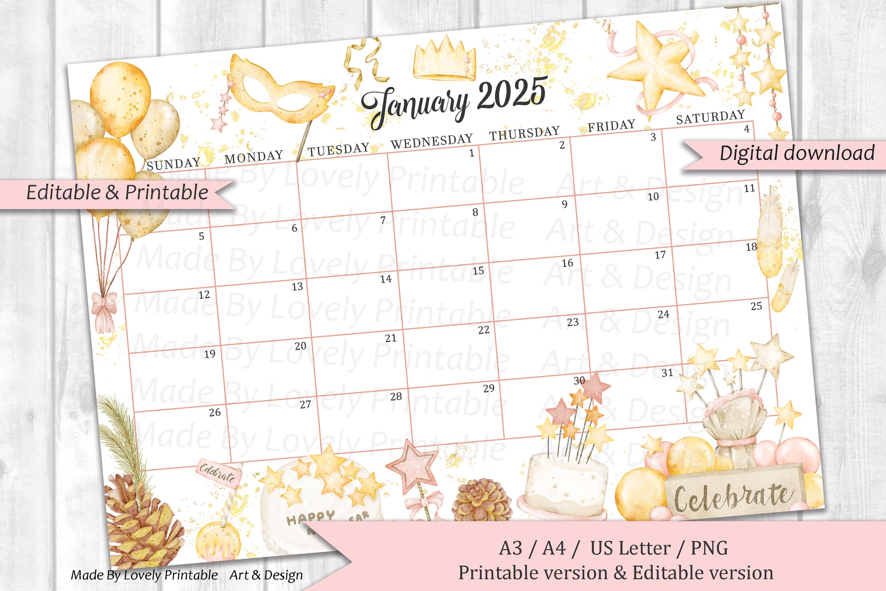EDITABLE January 2025 Calendar, New Year Celebration, Kids School ...