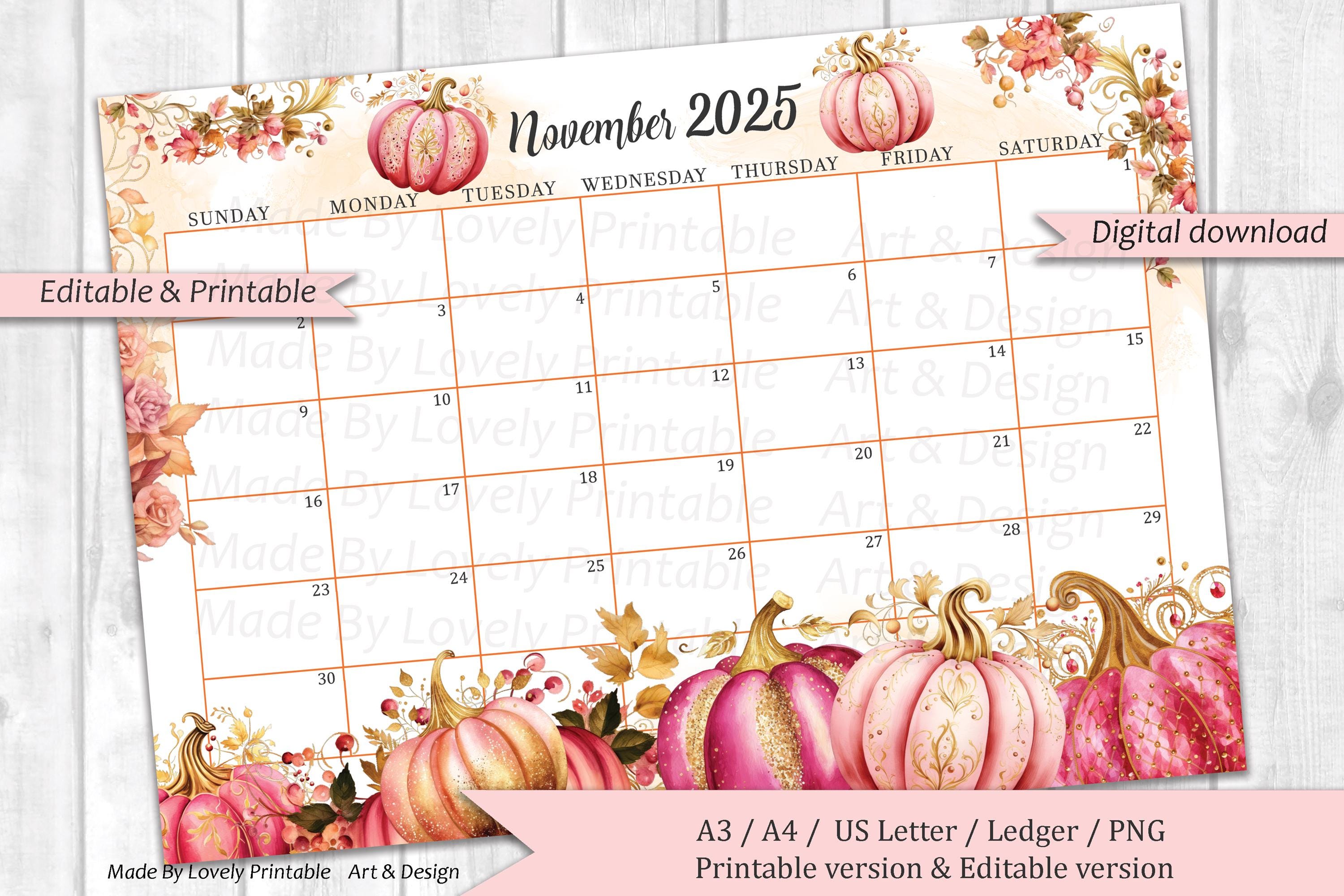 EDITABLE November 2025 Calendar, Watercolor Thanksgiving Day, Autumn ...