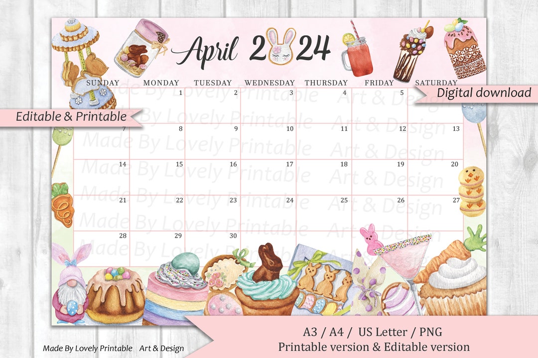 EDITABLE April 2024 Calendar, Happy Easter Day With Cute Gnome and ...