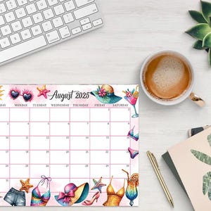 EDITABLE August Calendar, Summer at the Beach, Cute Sun and Fresh Fruit ...