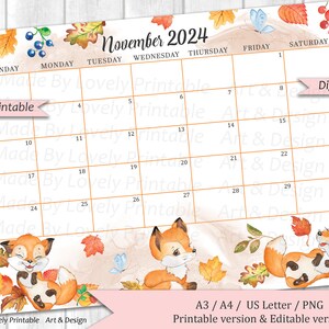 EDITABLE November 2024 Calendar, Watercolor Thanksgiving Day, Autumn ...