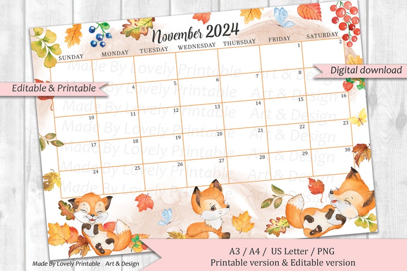 Calendario EDITABLE noviembre 2024, Día de Acción de Gracias en ...