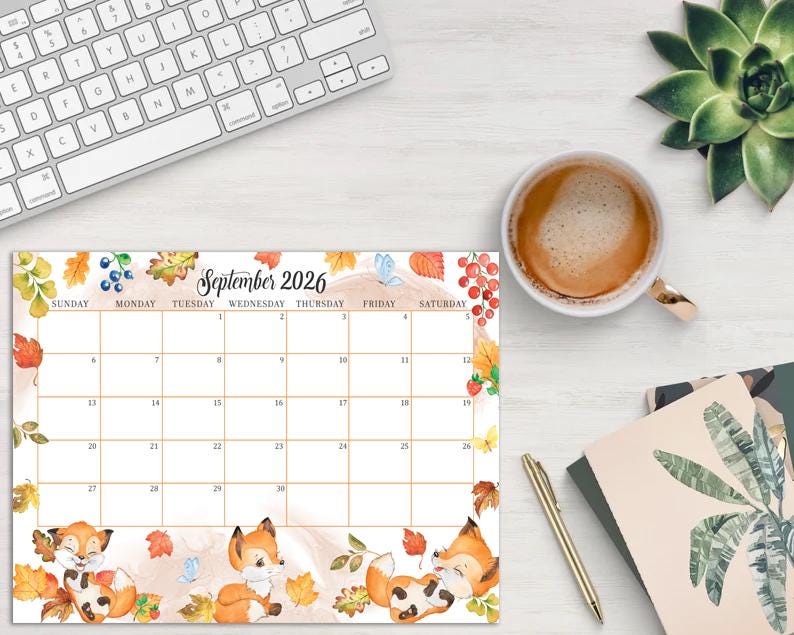 EDITABLE September 2026 Calendar, Cute Watercolor Fox, Forest Animal ...