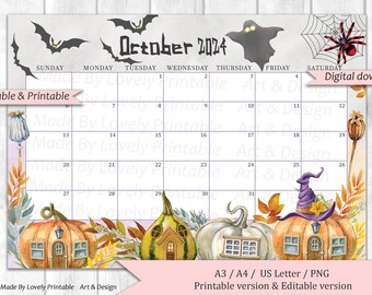 Editable October 2024 Calendar, Spooky Halloween Digital Download ...