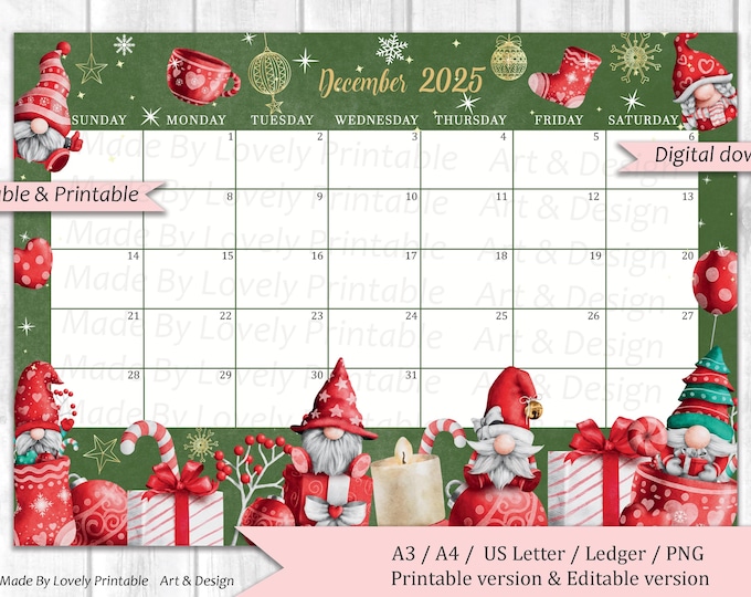Calendario de diciembre de 2025 editable, calendario navideño verde imprimible con muñeco de ...