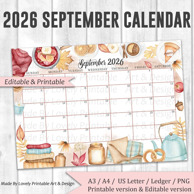 EDITABLE September 2026 Calendar, Cozy Autumn Mood, Beautiful Fall ...