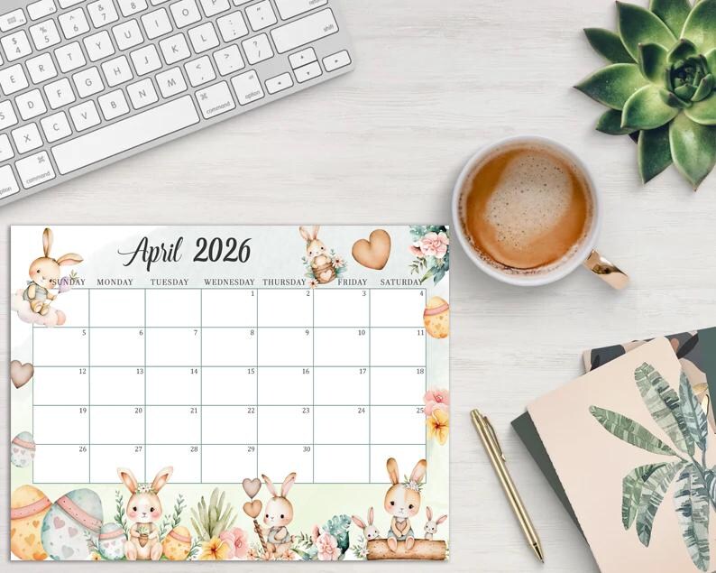 EDITABLE April 2026 Calendar, Monthly Planner, Happy Easter Day, Cute ...