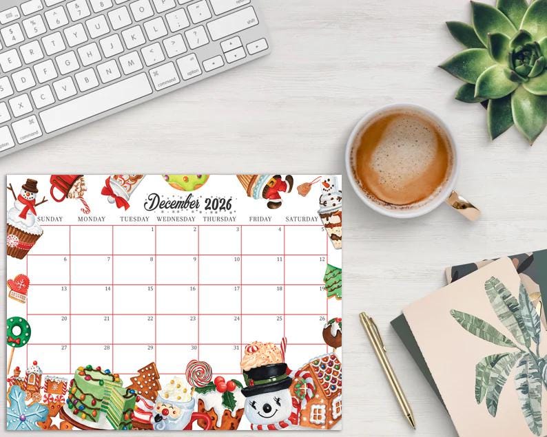EDITABLE December 2026 Calendar, Christmas Sweets & Drinks, Printable ...
