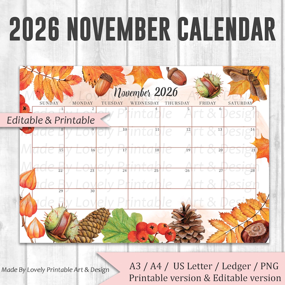 EDITABLE November 2026 Calendar, Watercolor Forest Autumn, Fall Autumn ...