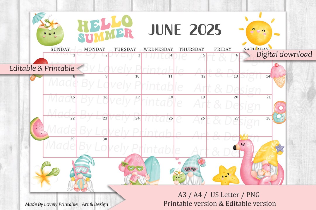 EDITABLE June Calendar, Hello Summer With Cute Gnome, Colorful Summer ...