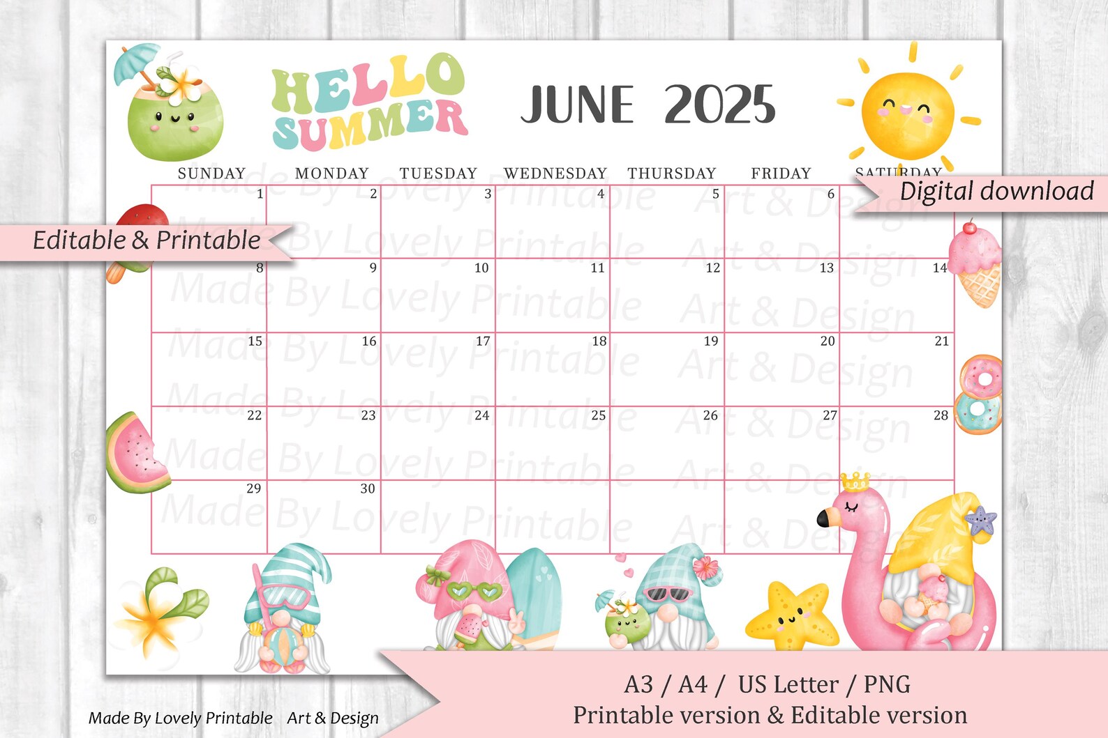 EDITABLE June Calendar, Hello Summer With Cute Gnome, Colorful Summer ...