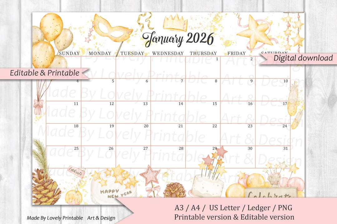 EDITABLE January 2026 Calendar, New Year Celebration, Kids School ...