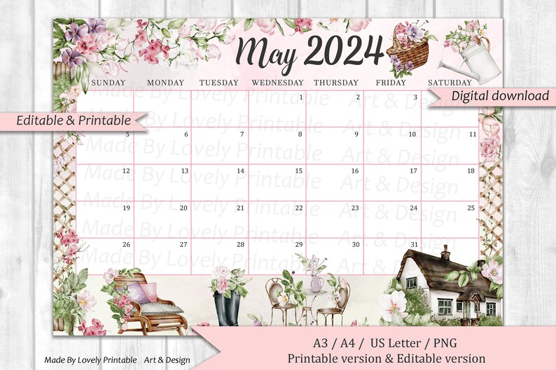 EDITABLE May 2023 Calendar, English Garden, Spring Vibe, Monthly ...