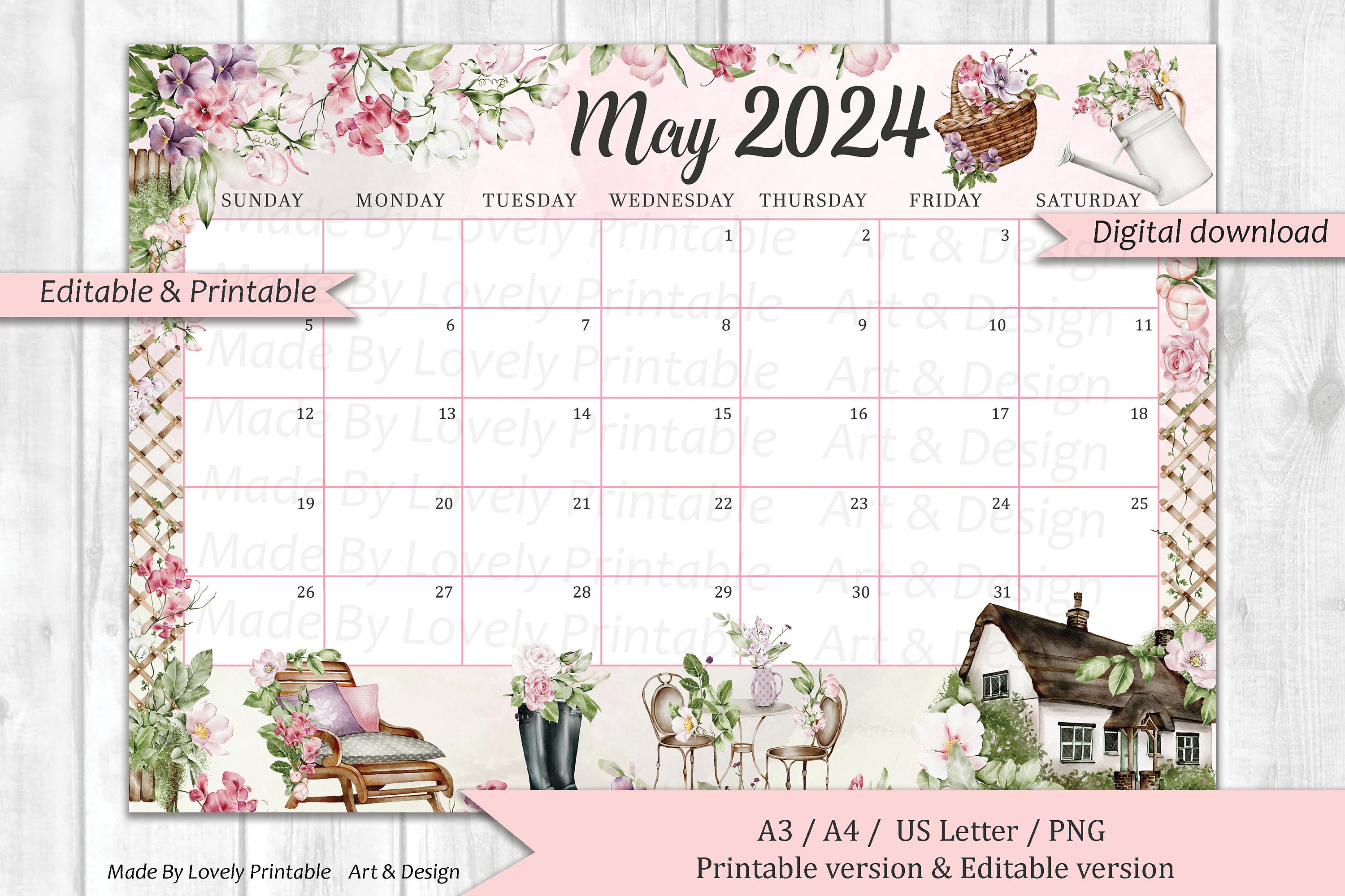 EDITABLE May 2023 Calendar, English Garden, Spring Vibe, Monthly ...