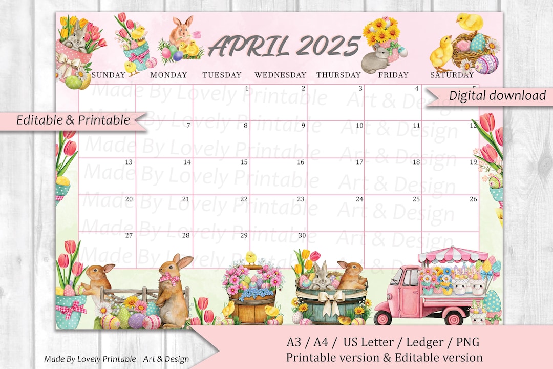 EDITABLE April 2025 Calendar, Monthly Planner, Happy Easter Day ...