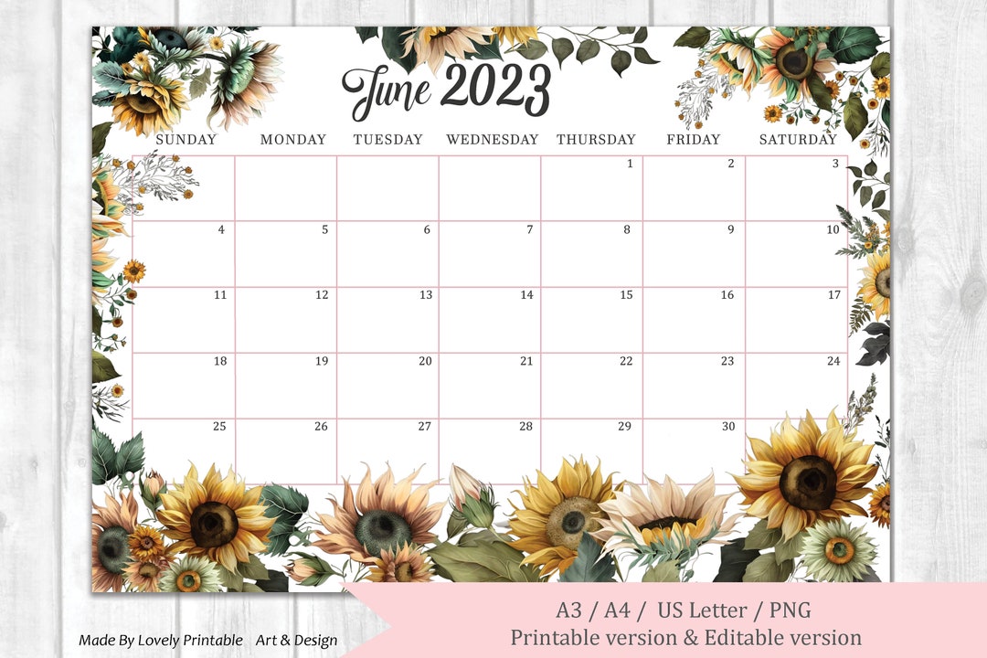 EDITABLE June Calendar Hello Summer With Beautiful Vintage - Etsy