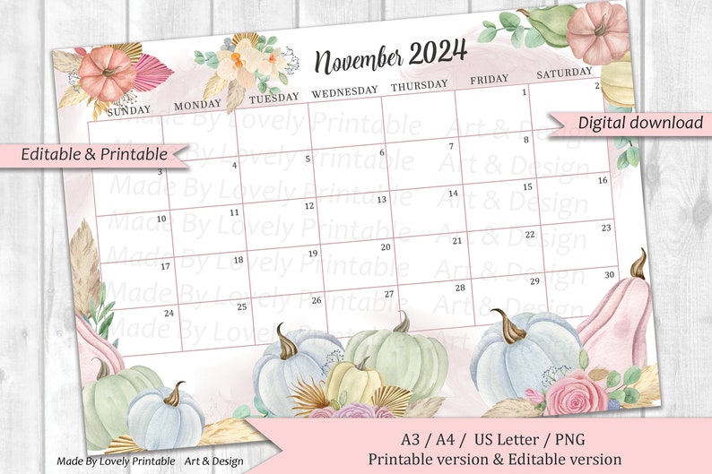 EDITABLE November 2024 Calendar, Watercolor Thanksgiving Day, Autumn ...