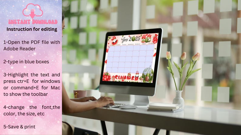 EDITABLE June 2025 Calendar, Delicious Watermelon Calendar, Summer ...