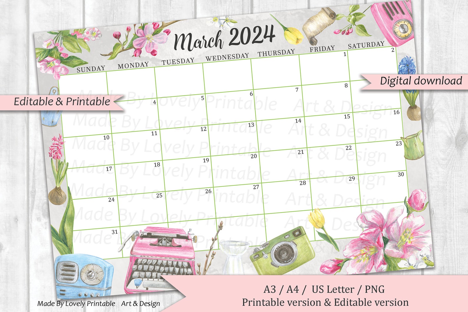 EDITABLE May 2024 Calendar, Watercolor Vintage Spring, Garden Scenery ...