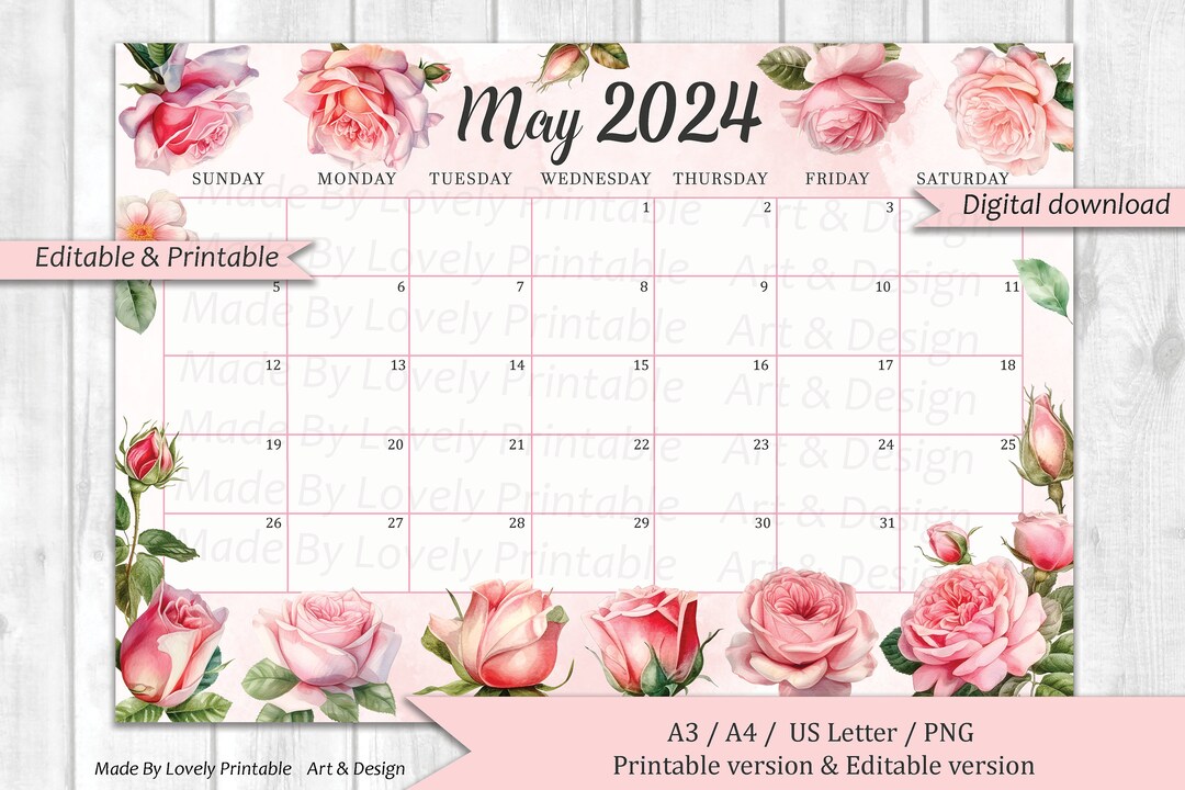 EDITABLE May 2024 Calendar, Roses and Peonies, Spring Vibe, Mother's ...