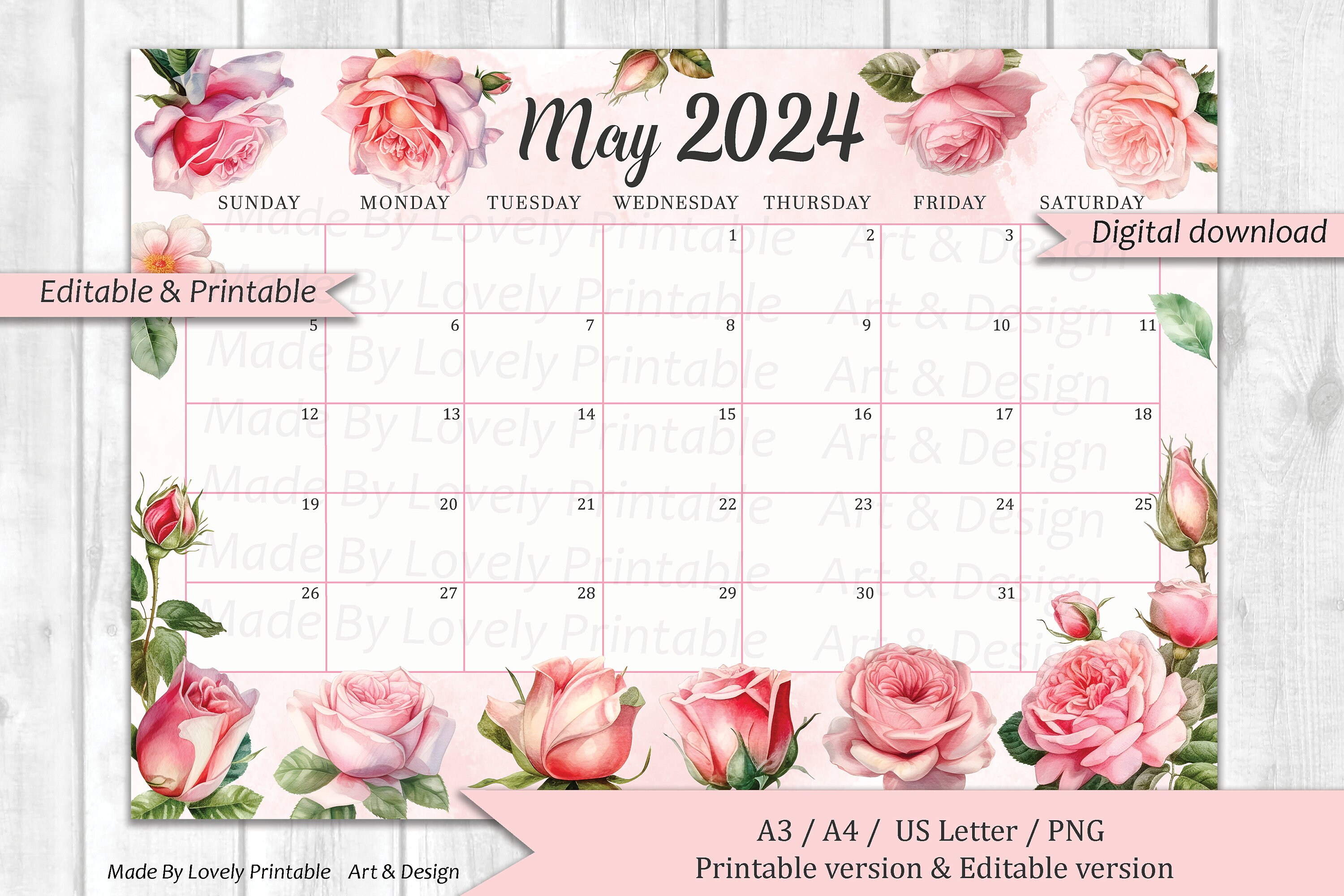 EDITABLE May 2024 Calendar, Roses and Peonies, Spring Vibe, Mother's ...