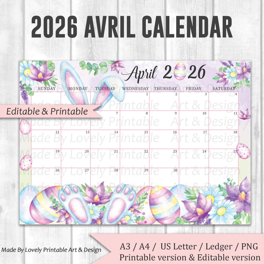 EDITABLE April 2026 Calendar, Monthly Planner, Happy Easter Day, Cute ...