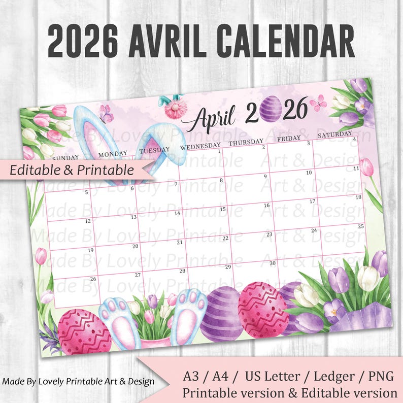 EDITABLE April 2026 Calendar, Monthly Planner, Happy Easter Day, Cute ...