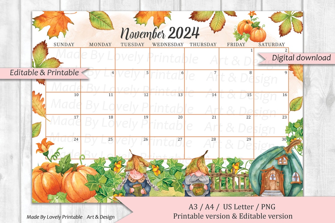 EDITABLE November 2024 Calendar, Watercolor Autumn Gnomes House, Autumn ...