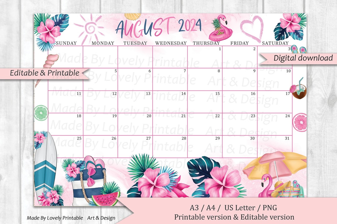 EDITABLE August 2024 Calendar Watercolor Summer With Beach - Etsy Australia
