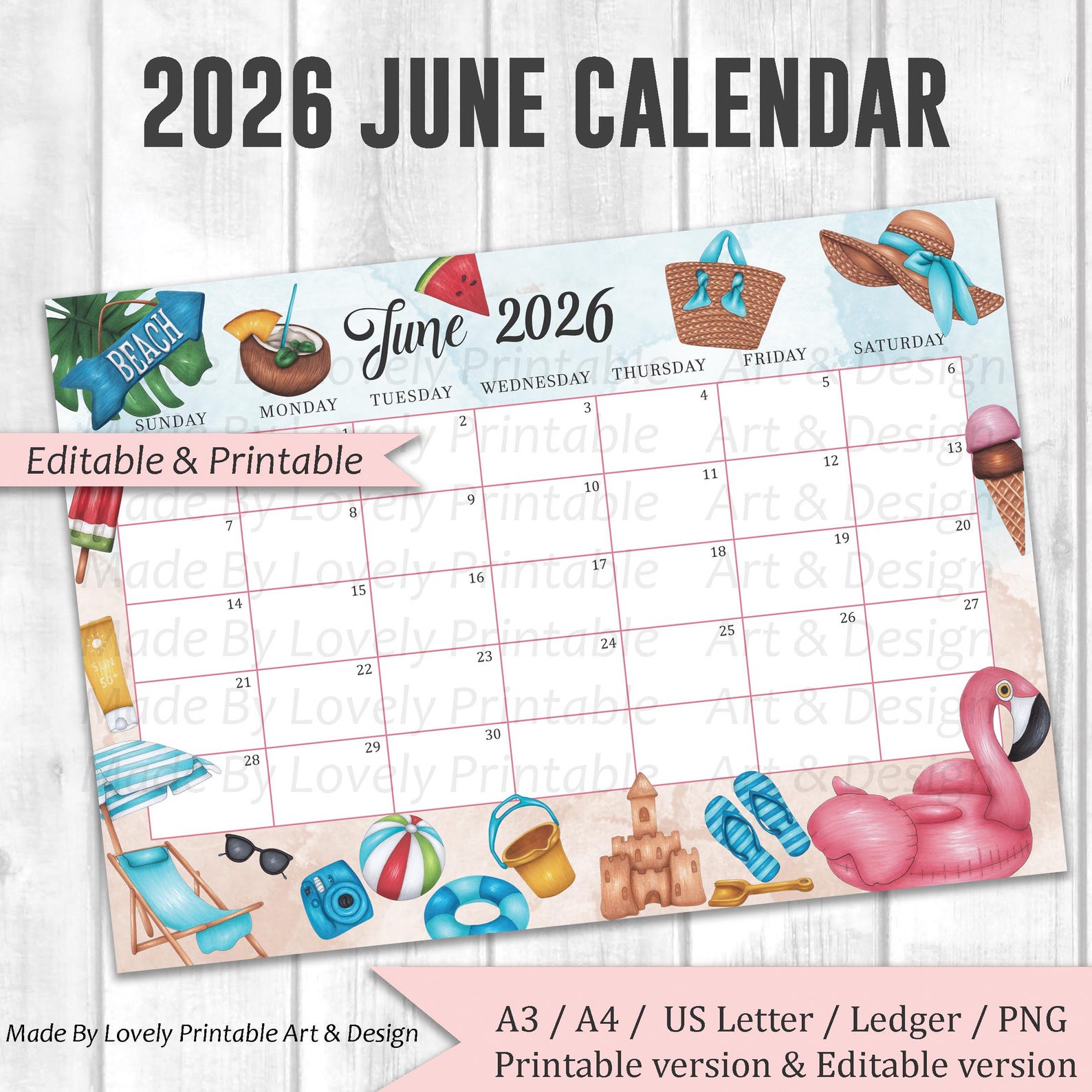 EDITABLE June Calendar, Summer at the Beach With Cute Sun and Fresh ...