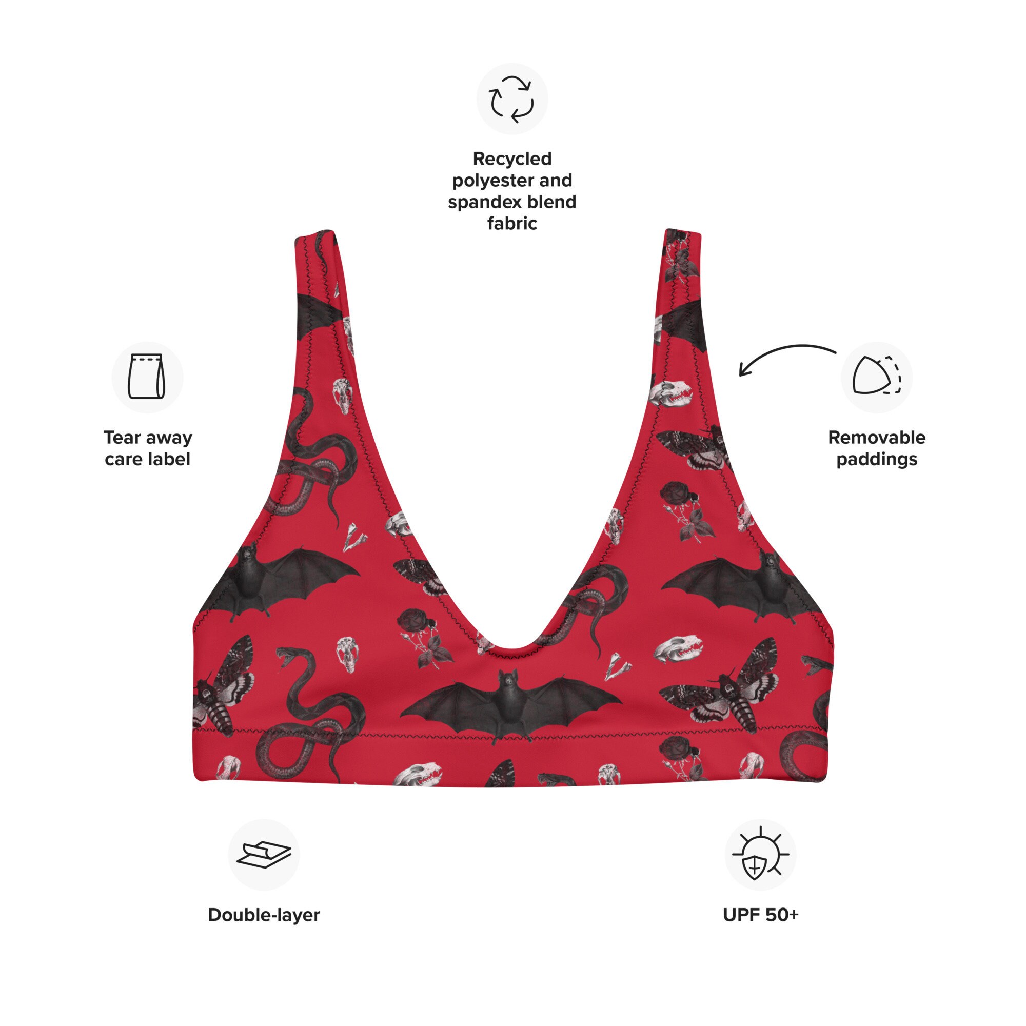 Red Padded Bikini Top Recycled Bikini Spooky Vintage Goth Swimsuit Top ...