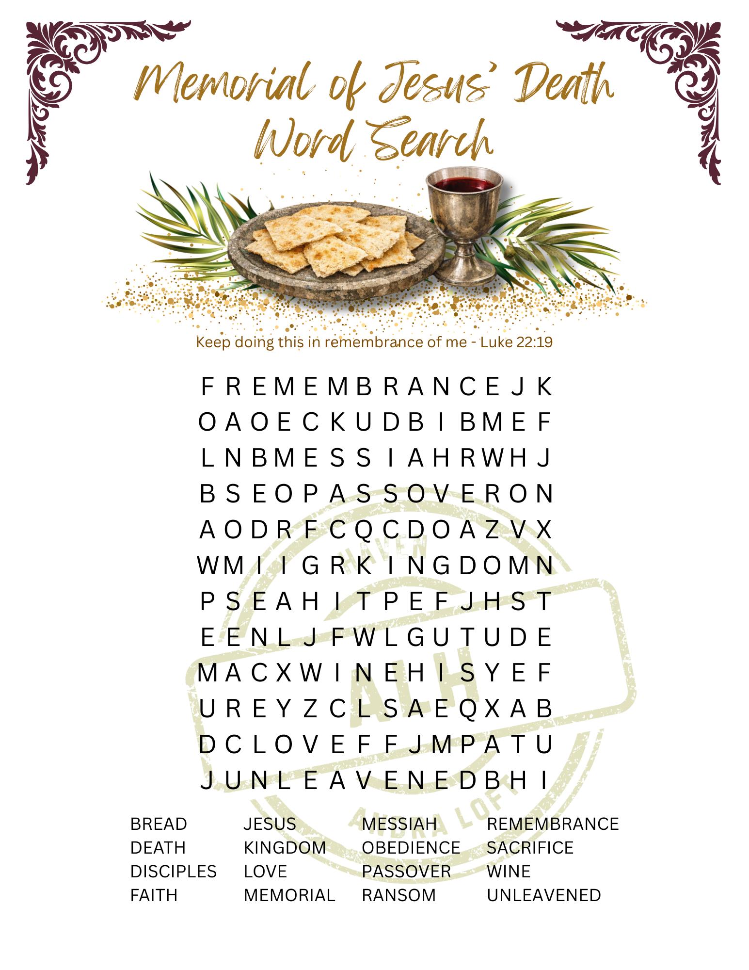 Memorial of Jesus' Death Word Search | Memorial of Jesus Death Activity ...