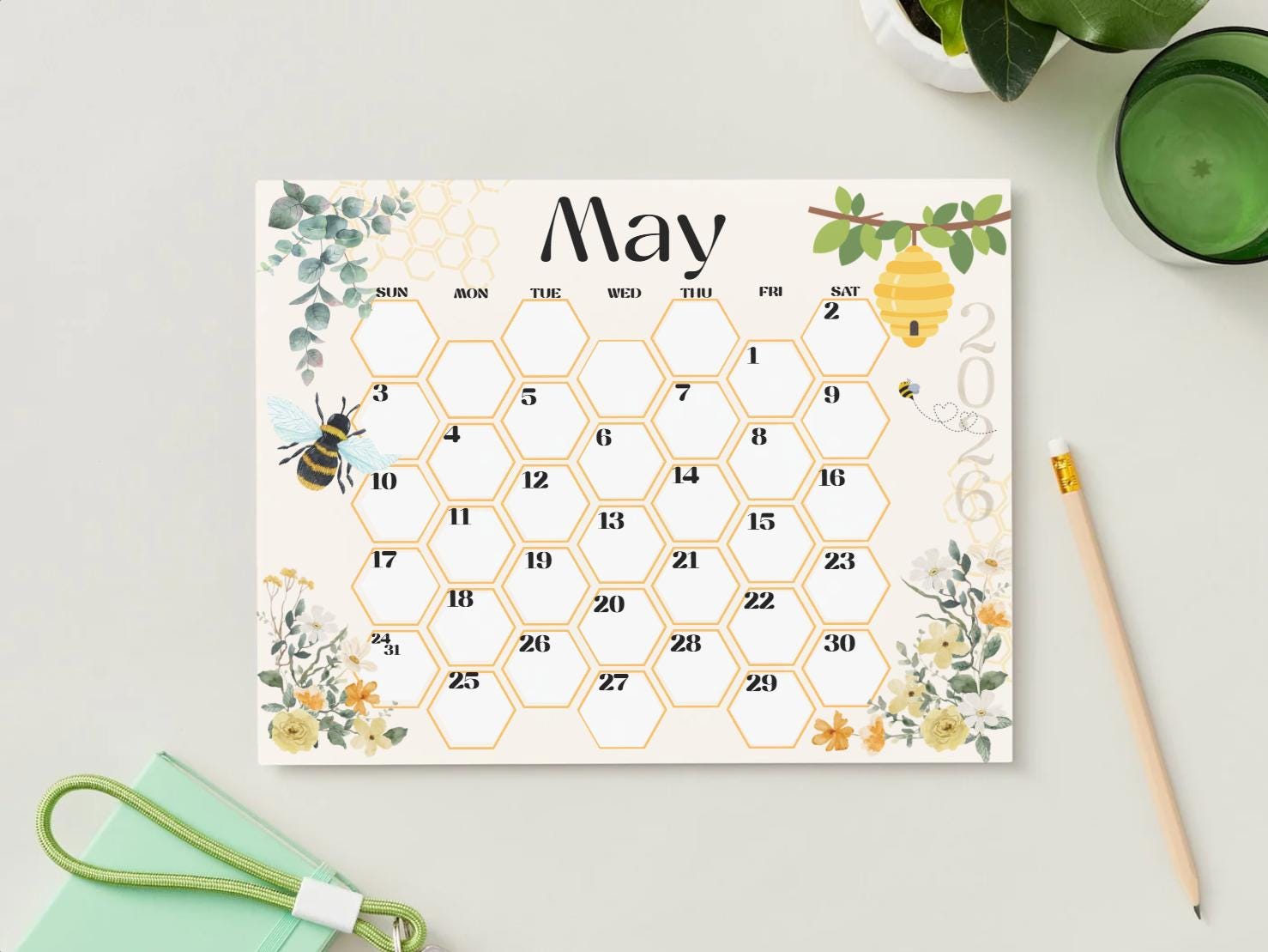 2026 May Printable Landscape Calendar | Bee Honeycomb Planner (digital ...