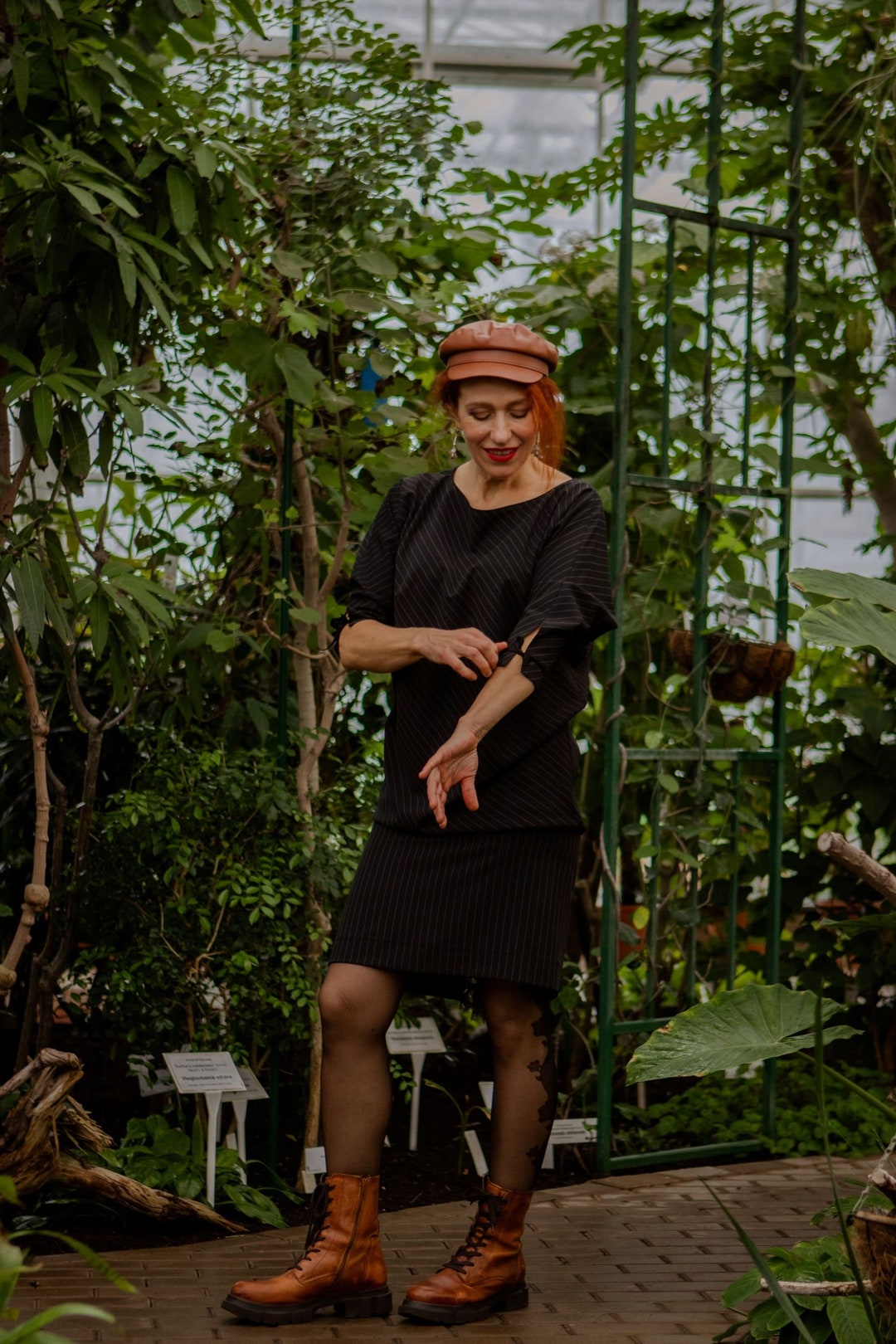 Striped Trapeze Cut Dress With Narrow Bottom, a Slit and a Lace Insert ...