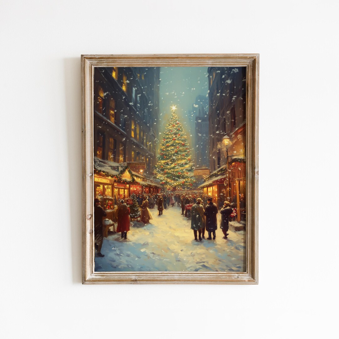 Vintage Christmas Street Scene Wall Art, Snowy Winter City Printable ...